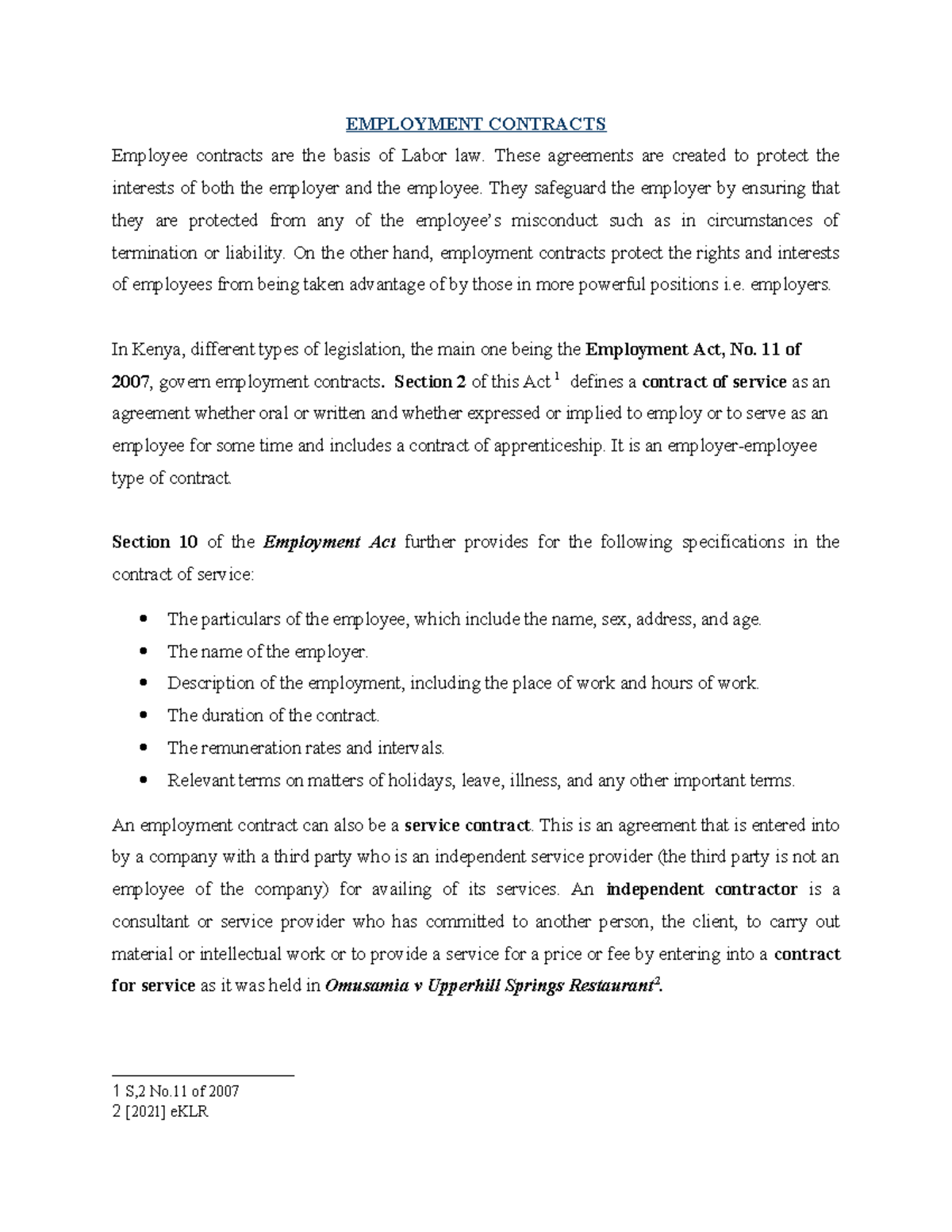 FIRM 6 Employment Contract Overview and Key Provisions - Studocu