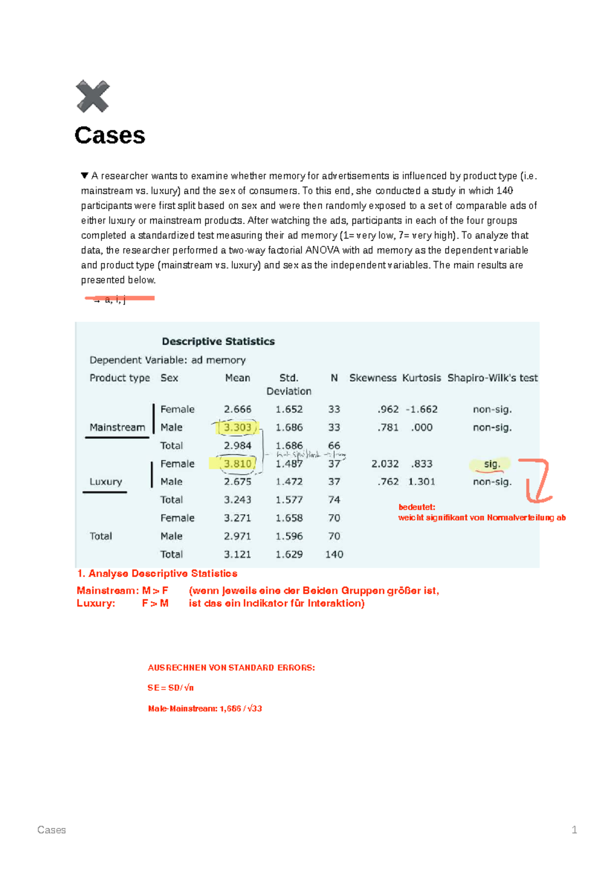 Cases: Influence of Product Type and Gender on Ad Memory Analysis - Studocu
