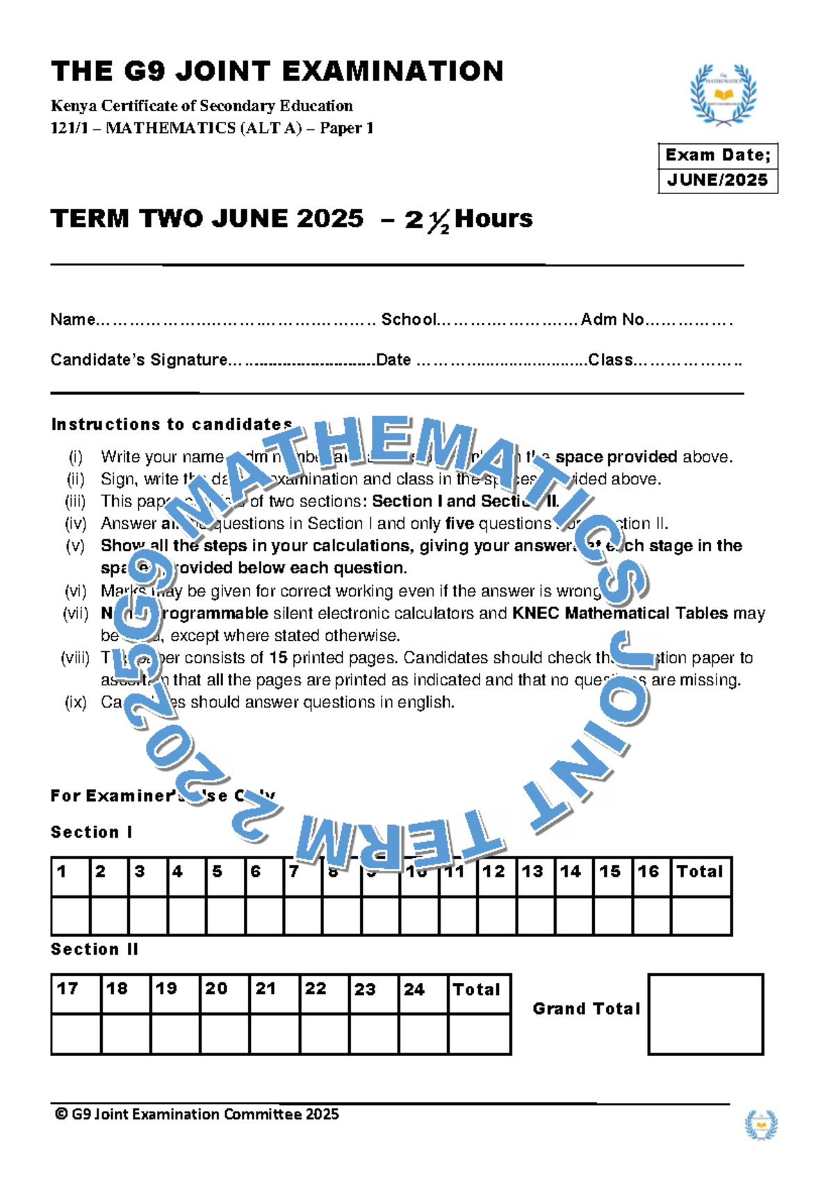 G9 T2 KCSE Mathematics Paper 1 Exam June 2025 - Studocu