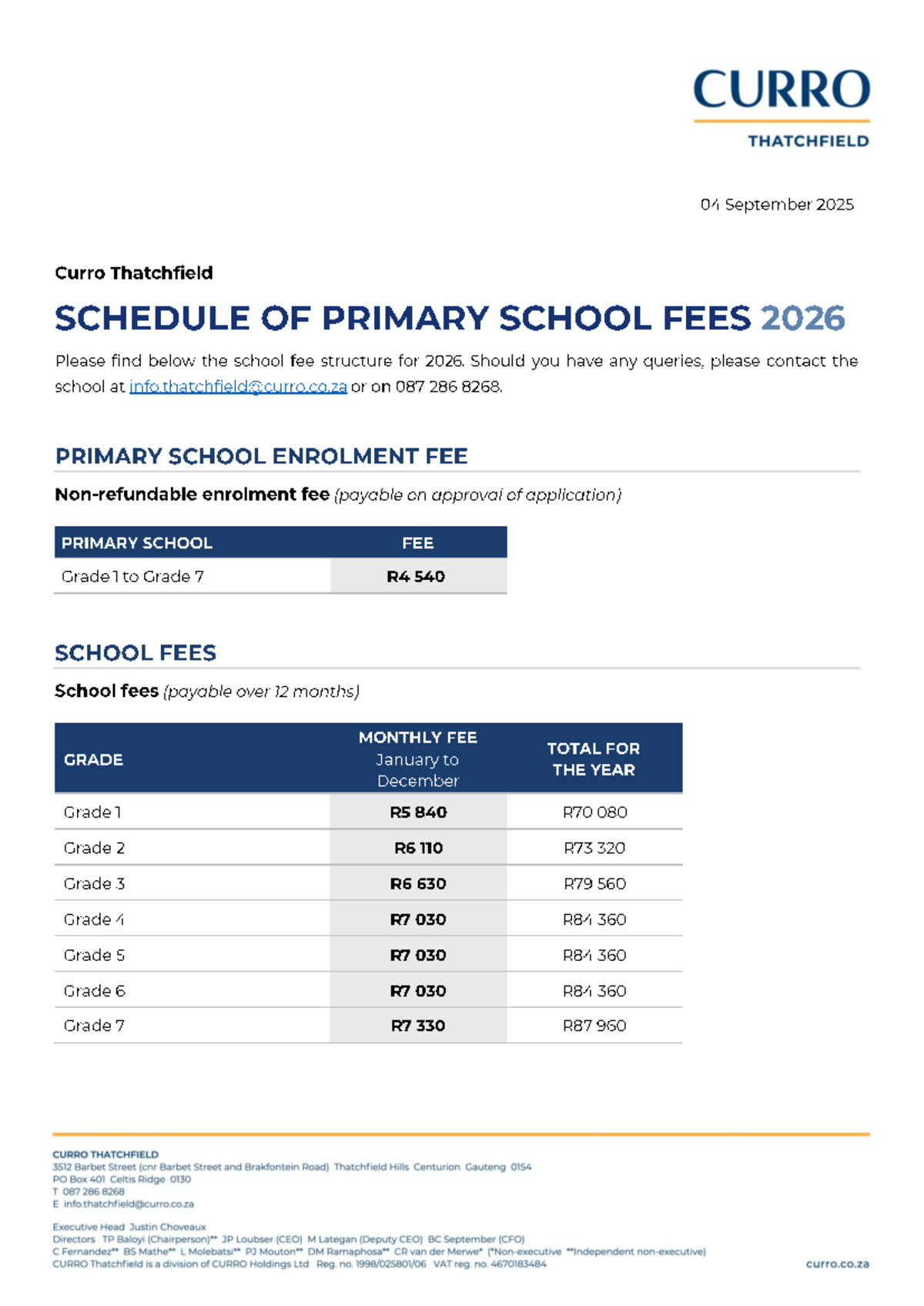 CURRO THATCHFIELD 2026 PRIMARY SCHOOL FEE STRUCTURE - Studocu