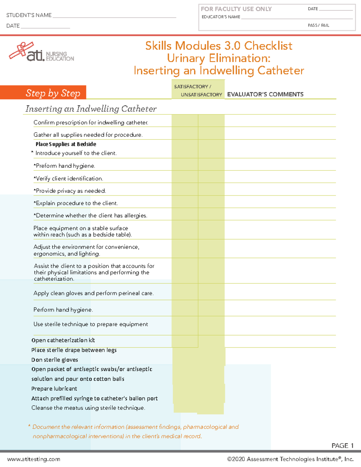 ATI Nursing Skills Checklist: Indwelling Catheter Insertion Guide - Studocu