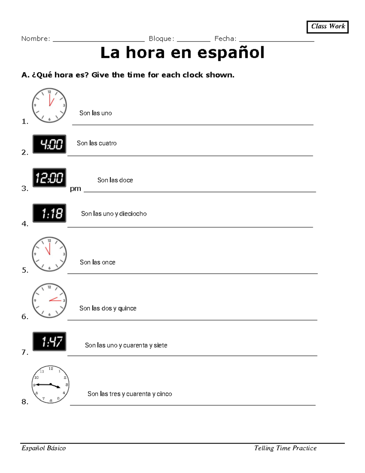Español Básico Telling Time Worksheet (WS) - Studocu