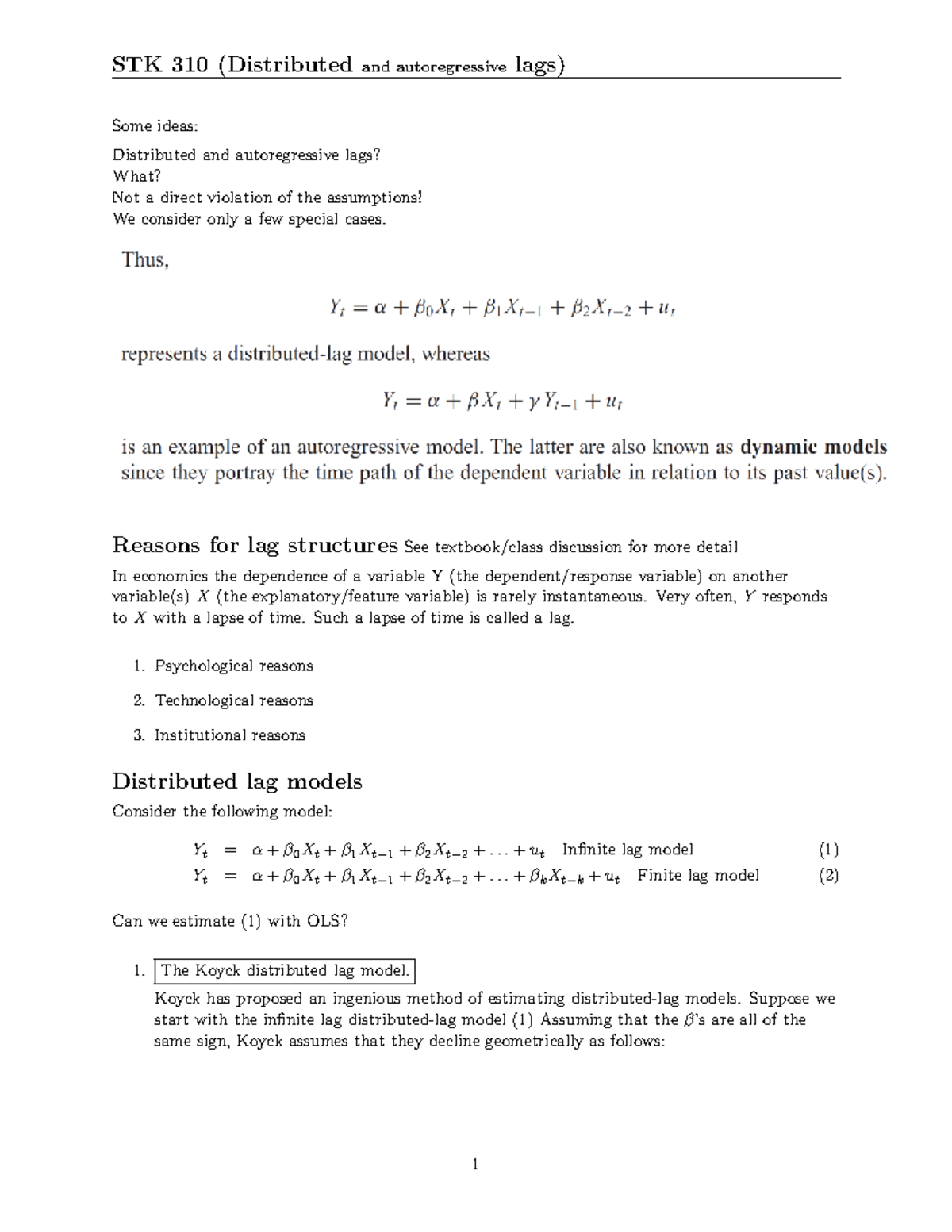 STK 310 Distributed and Autoregressive Lags - Study Notes - Studocu