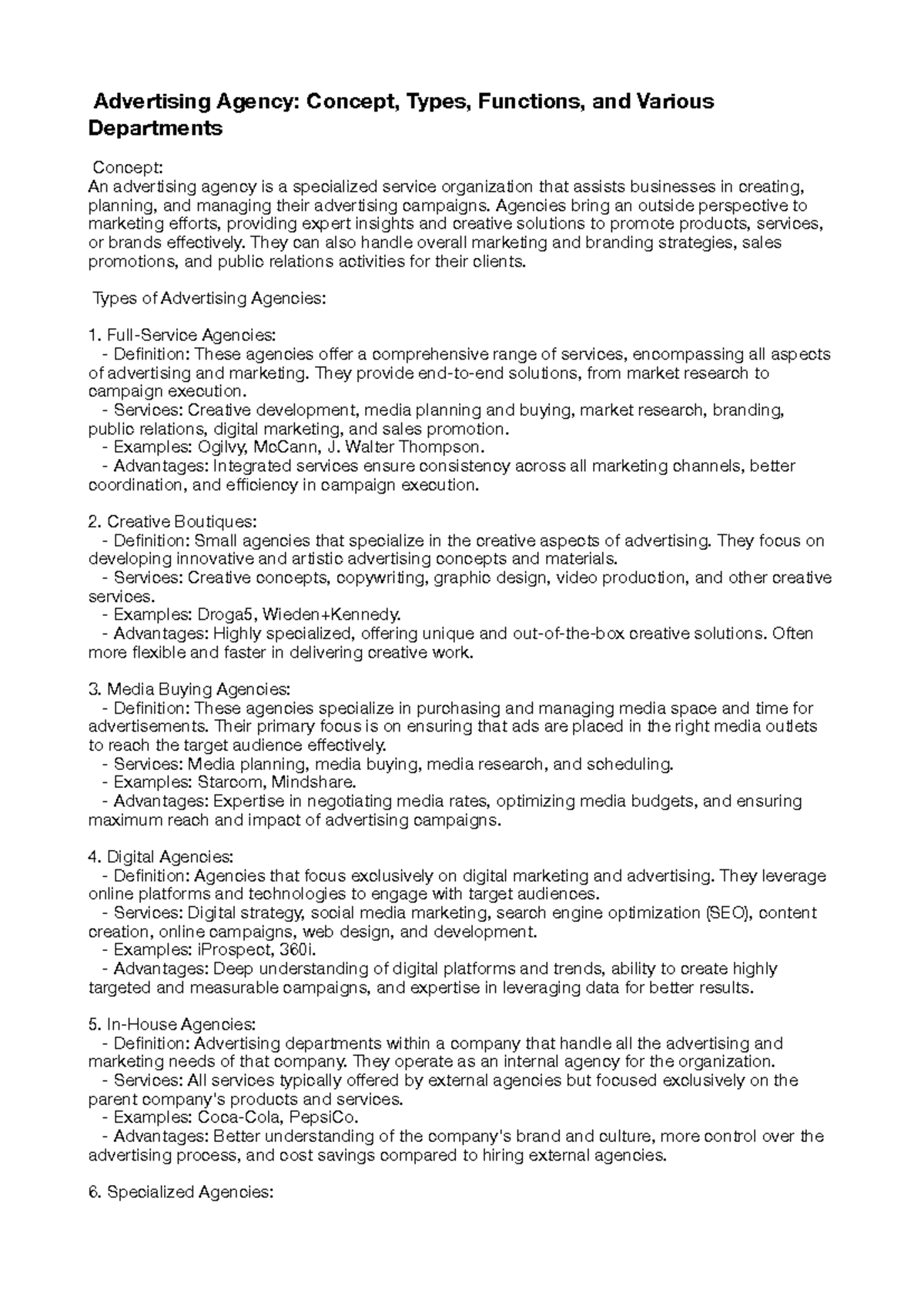 Advertising Agency Overview: Concept, Types & Functions (Unit 3) - Studocu