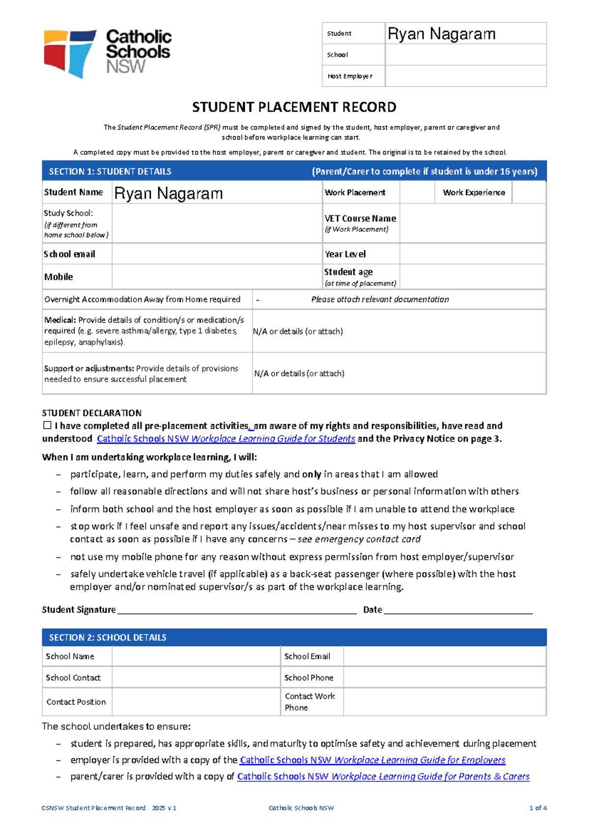 CSNSW 2025 Student Placement Record for Ryan Nagaram - Studocu