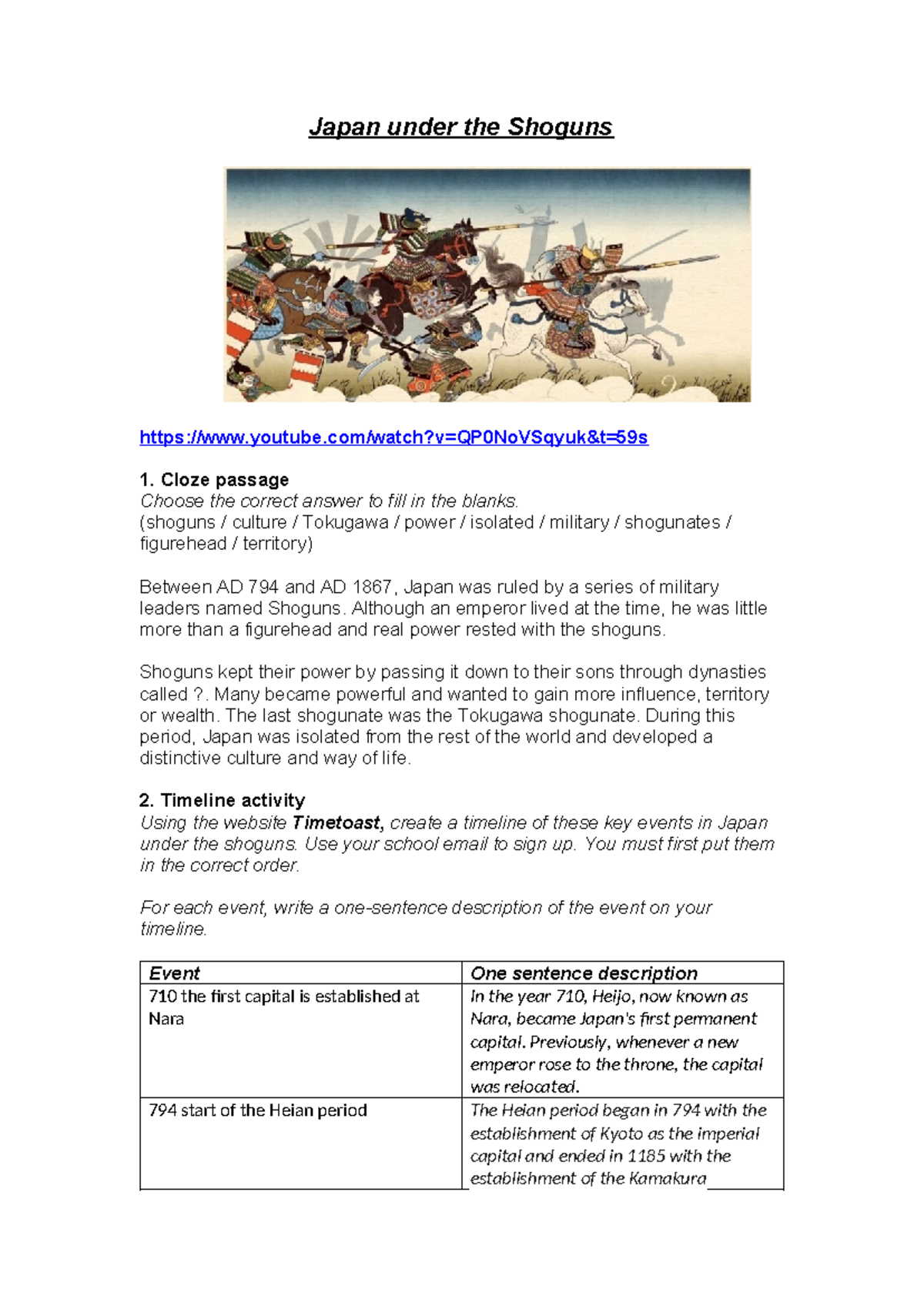Japan under the Shoguns: Introductory Worksheet (Course Code: 01) - Studocu