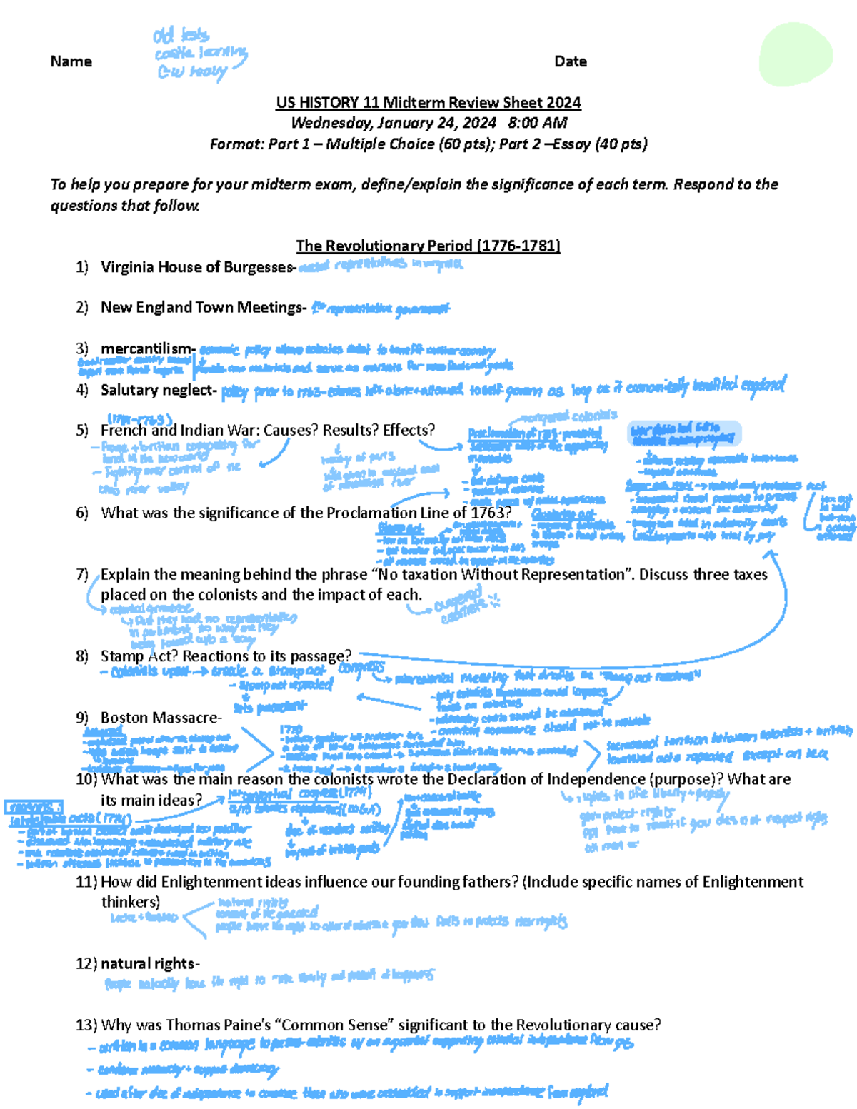 US 11 Midterm Review 2024 - Name Date US HISTORY 11 Midterm Review ...