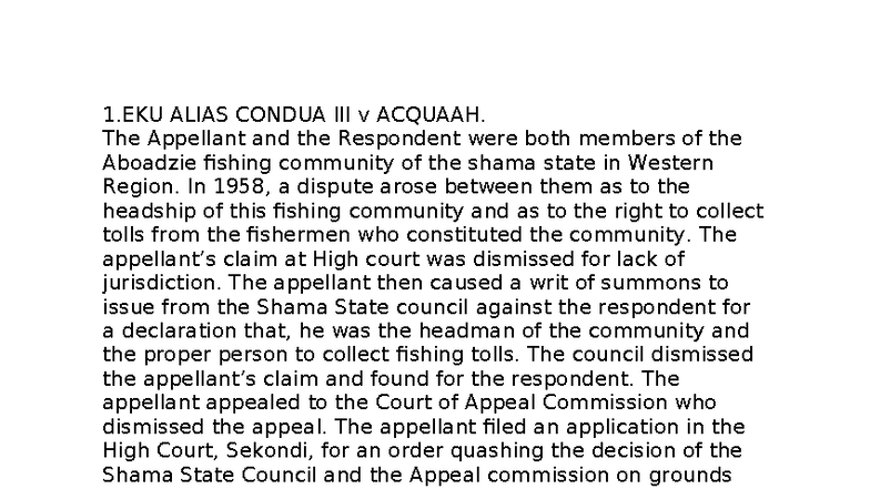 Cases on Chieftaincy Law: EKU ALIAS CONDUA v ACQUAAH & Others - Studocu