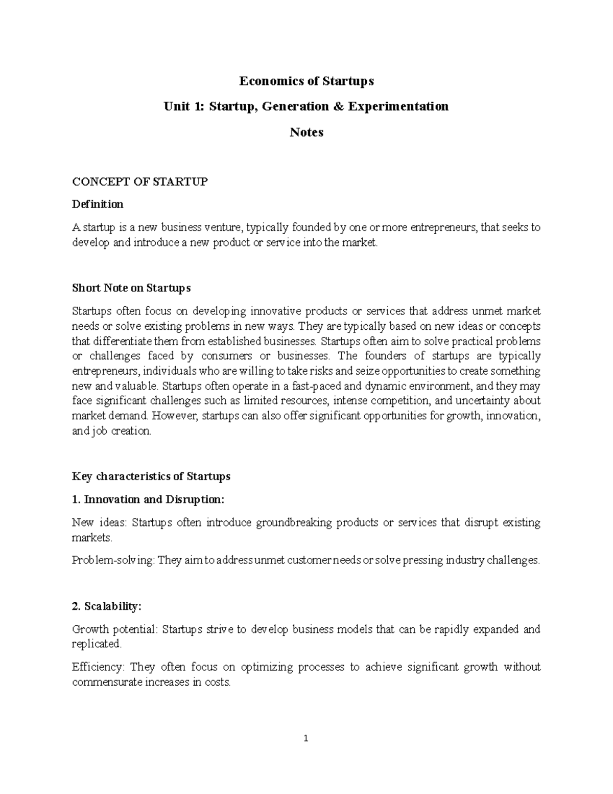 Unit 1 Notes - Economics of Startups Unit 1: Startup, Generation ...