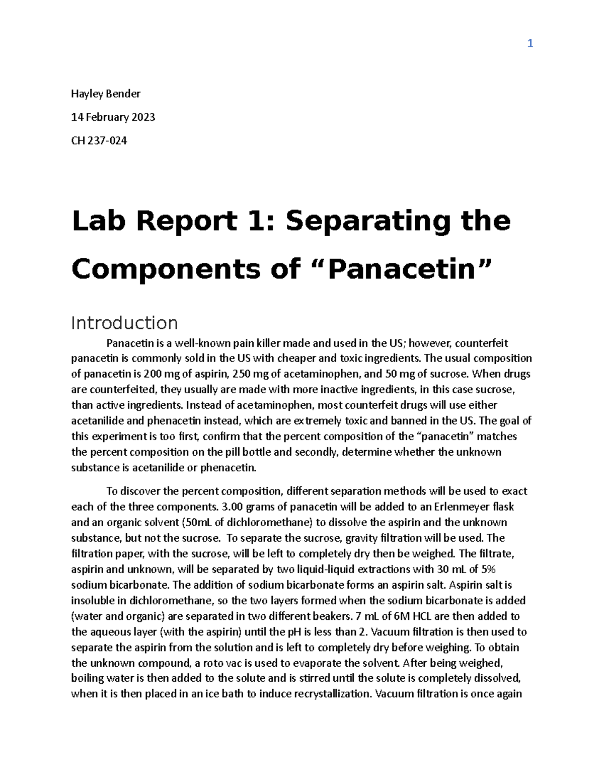 Lab Report 1 - CH 237: Analyzing Panacetin Composition through ...
