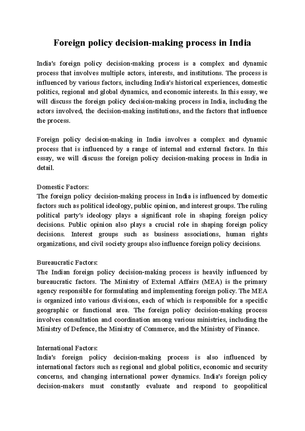 Foreign Policy Decision-Making Process in India: An Analysis - Studocu