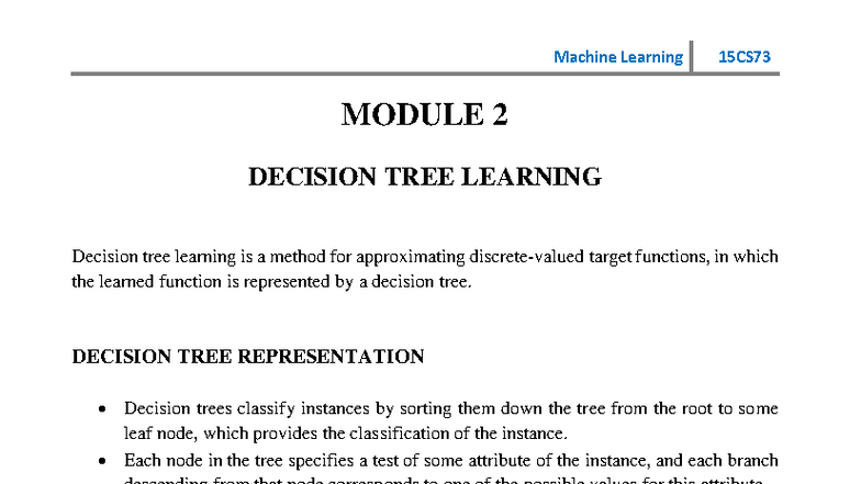 Machine Learning 15CS73 Module 2: Decision Tree Learning Notes - Studocu