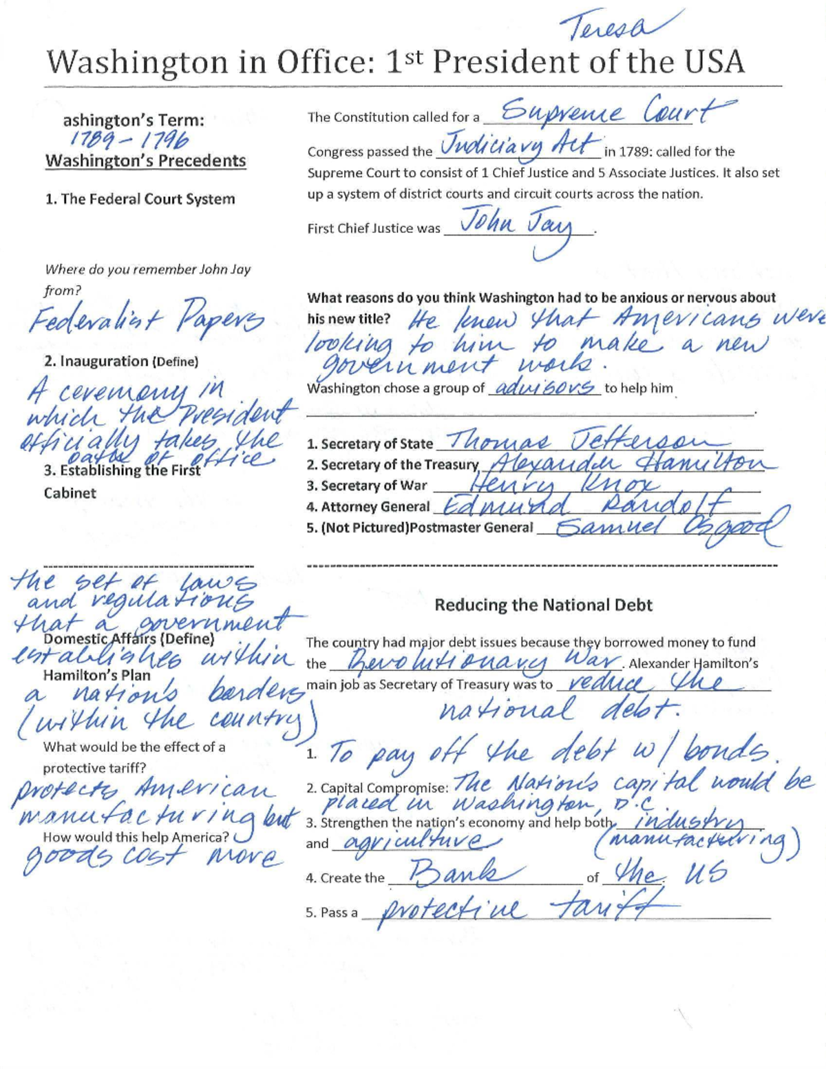 Washington in Office: 1st President of the USA - Lecture Notes - Studocu