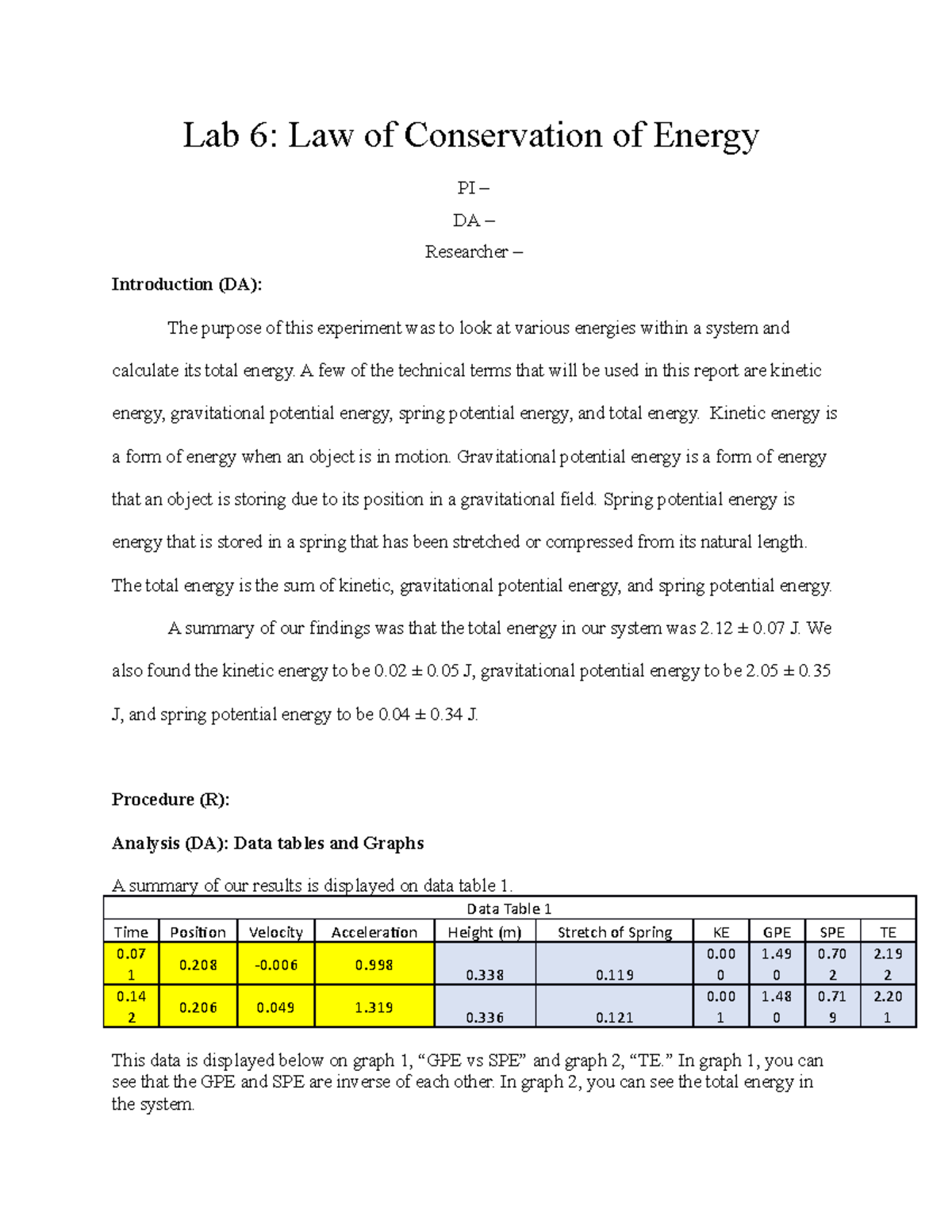 Lab Report 6 - Lab on Conservation of Energy - Lab 6: Law of ...