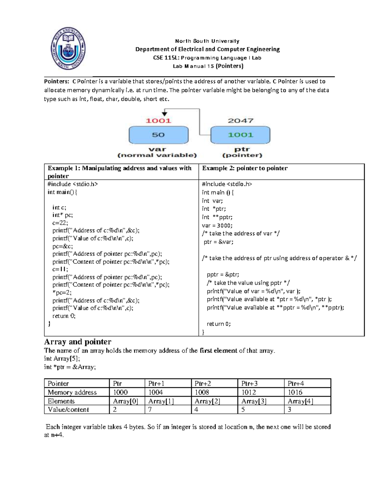 CSE 115L: Lab Manual 15 - Understanding Pointers in C Programming - Studocu