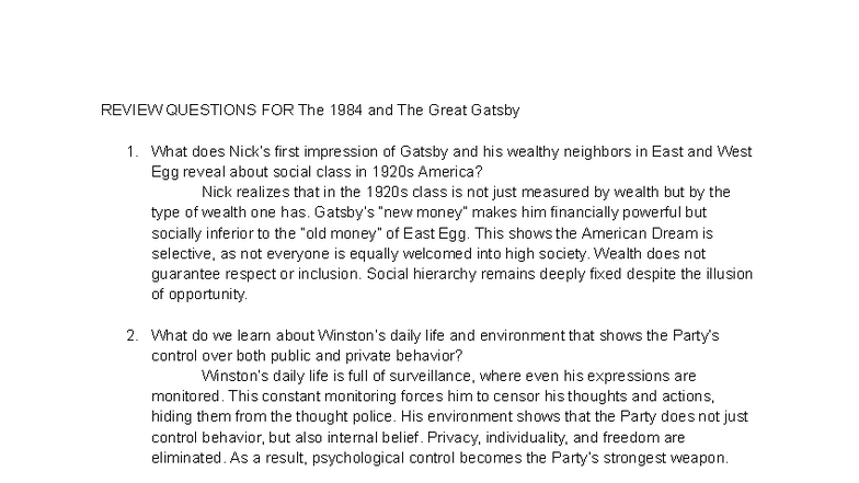 REVIEW QUESTIONS FOR 1984 & THE GREAT GATSBY: SOCIAL CLASS & CONTROL ...