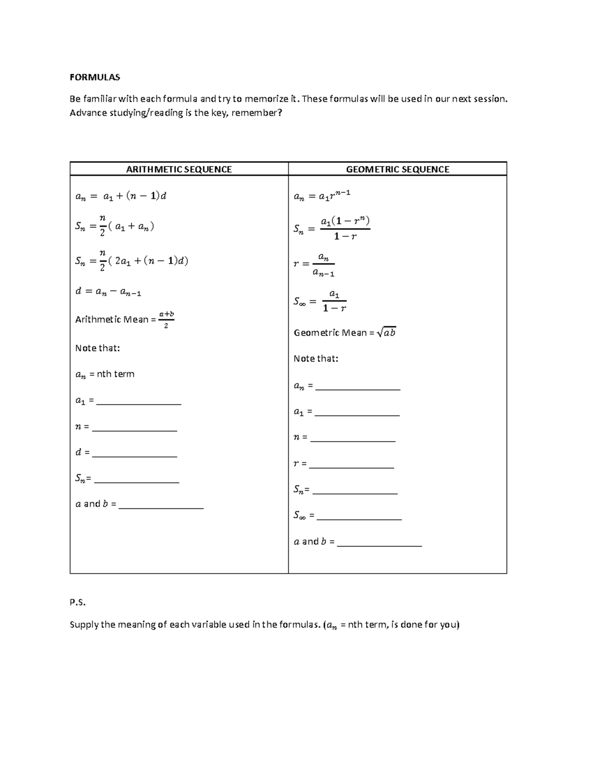 Formulas for Arithmetic & Geometric Sequences - Activity - Studocu