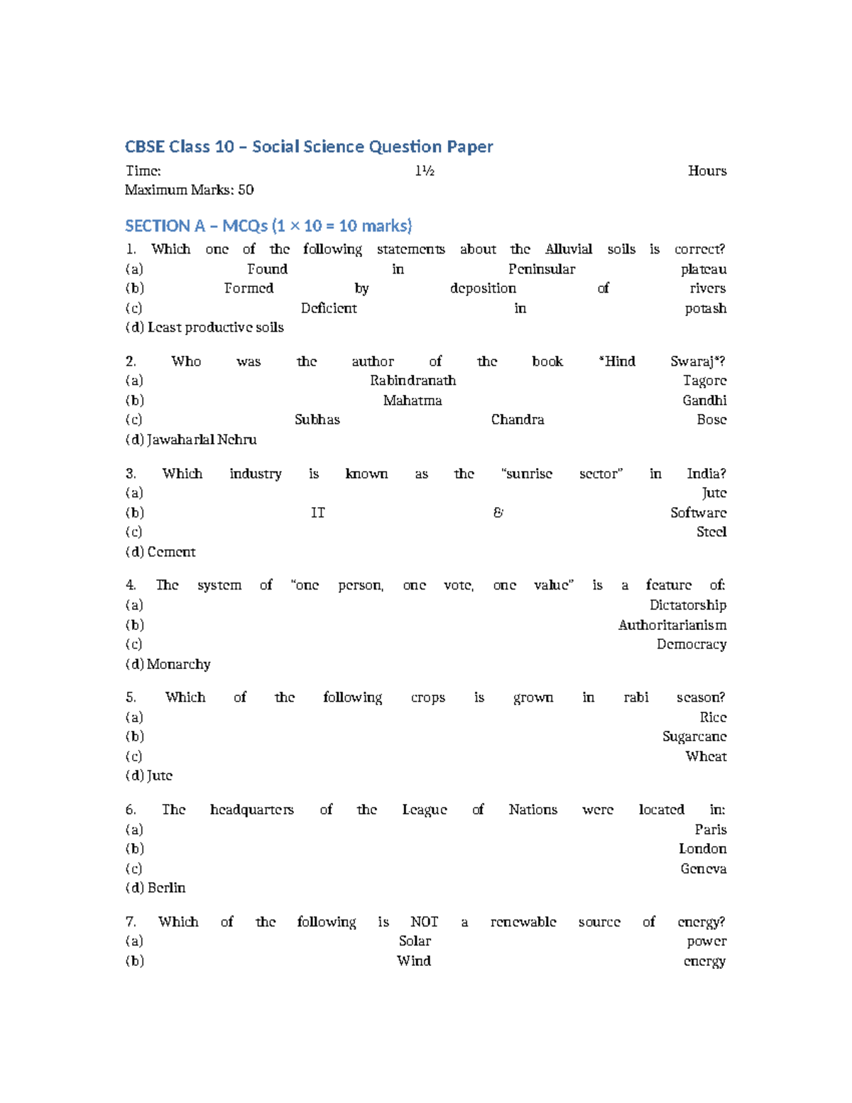 CBSE Class 10 Social Science Question Paper - 50 Marks - Studocu