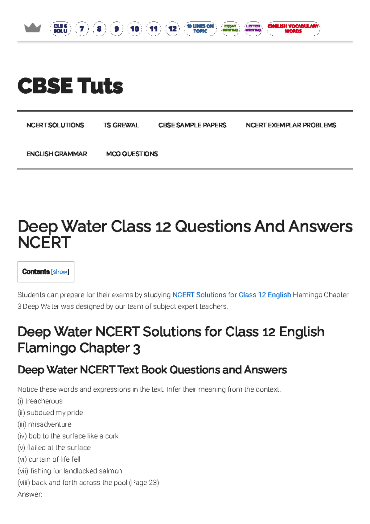 Deep Water Class 12 Questions And Answers Ncert - CBSE Tuts - CBSE Tuts ...