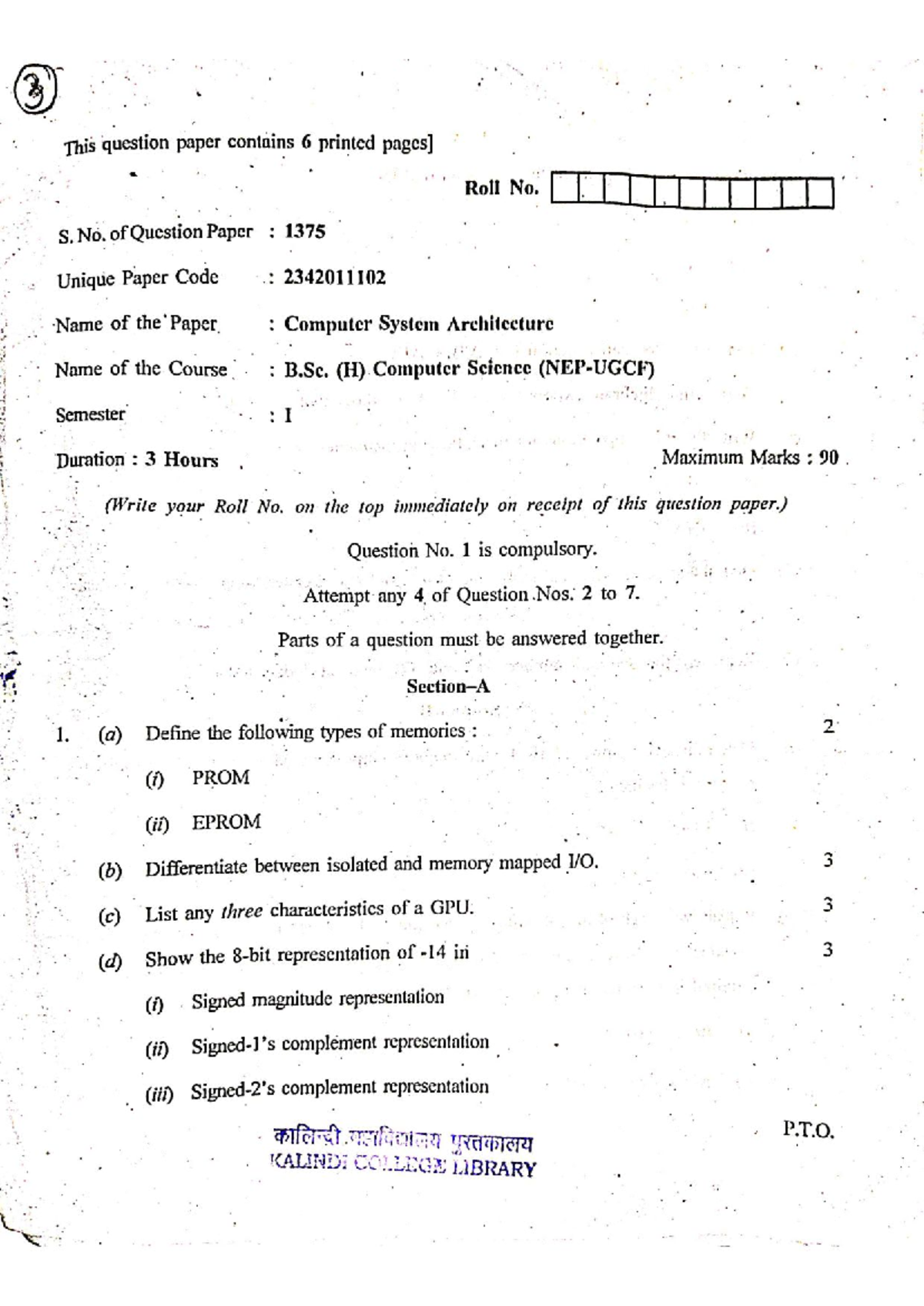 B.Sc. (H) Computer Science - Computer System Architecture Exam Paper ...