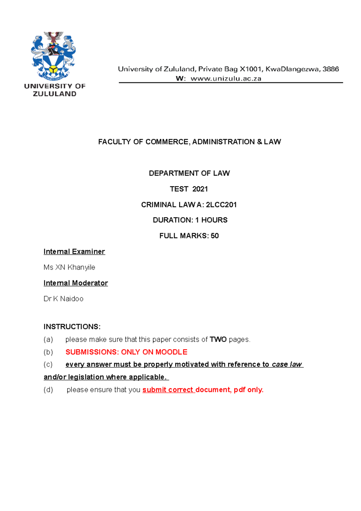 Criminal law A test 1 2022 - FACULTY OF COMMERCE, ADMINISTRATION & LAW ...