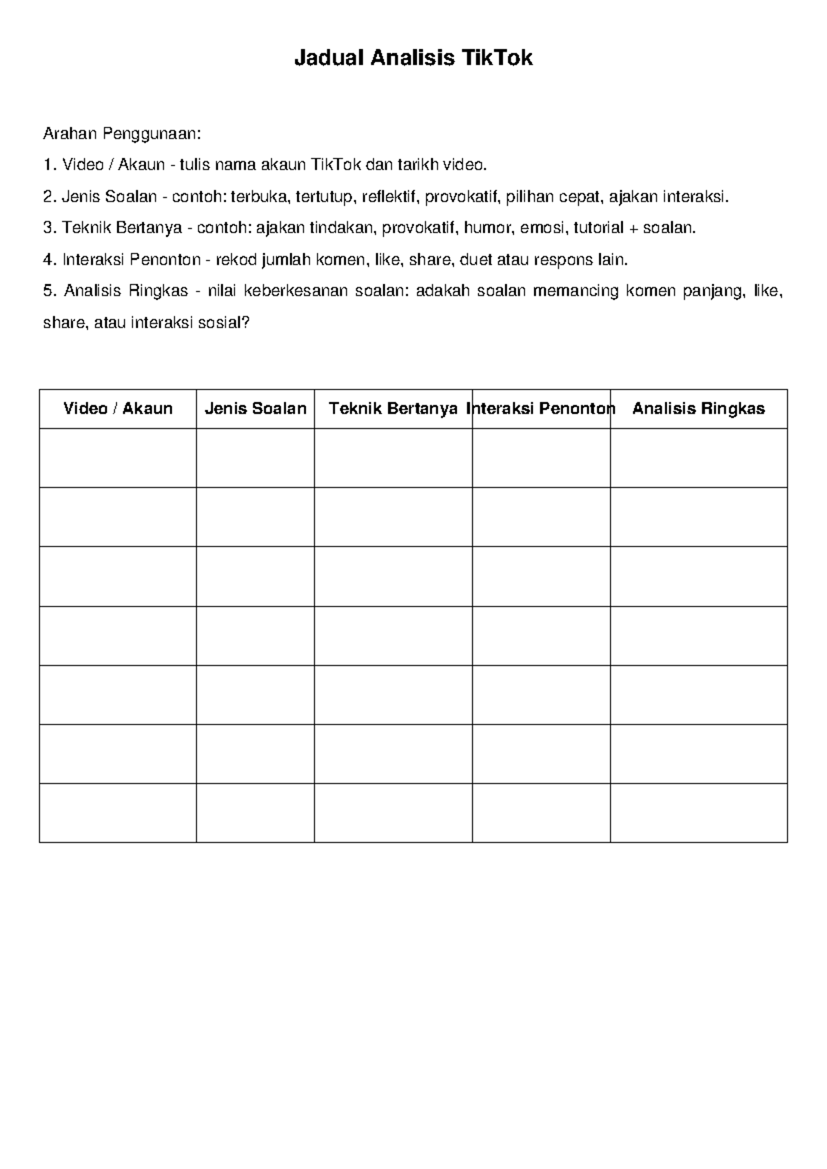 Jadual Analisis Tik Tok - Jadual Analisis TikTok Arahan Penggunaan ...