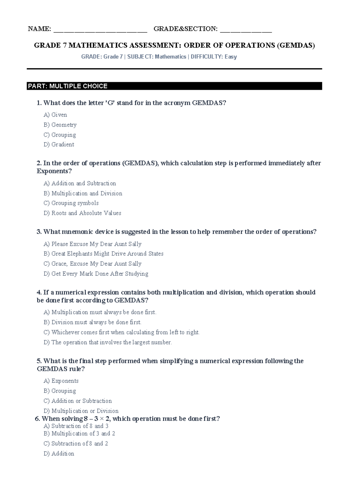 Grade 7 Math Assessment: Order of Operations (GEMDAS) Quiz - Studocu