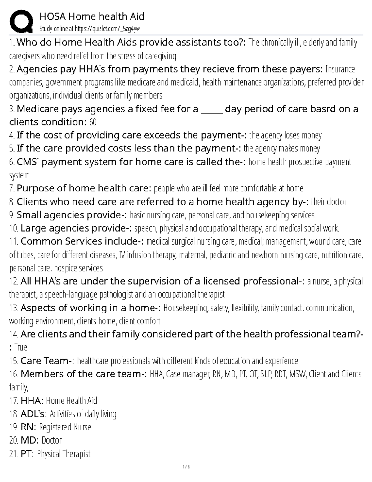 HOSA Home Health Aid Practice Exam Study Guide - Studocu