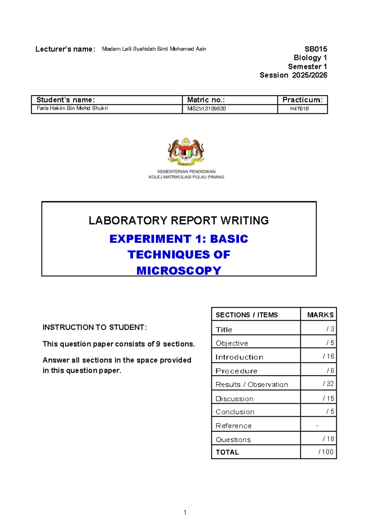 SB015 Biology 1: Lab Report on Basic Microscopy Techniques - Studocu