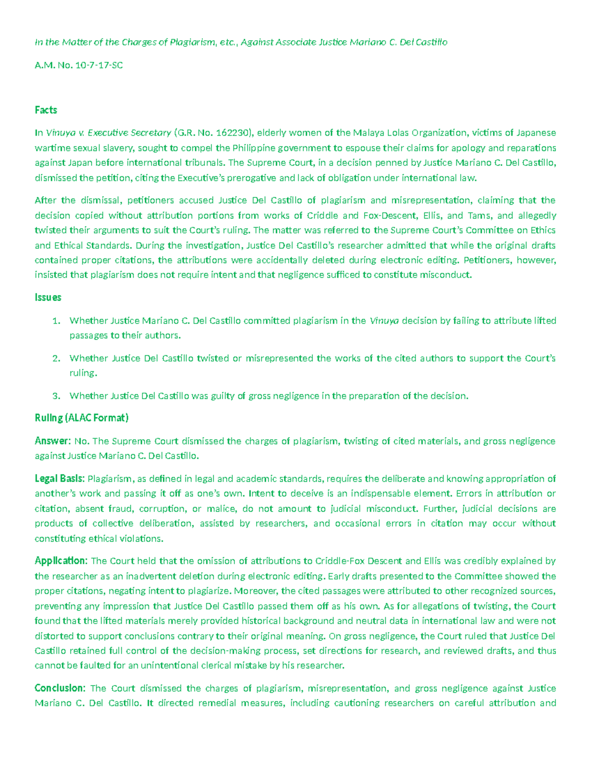 A.M. No. 162230: Plagiarism Charges Against Justice Del Castillo - Studocu