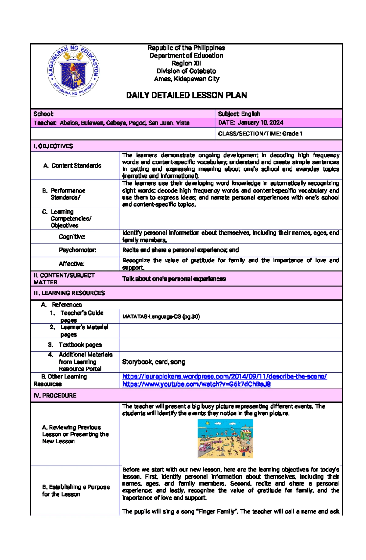 W1-D1-5 Daily Lesson Plan for Grade VI Math - Studocu