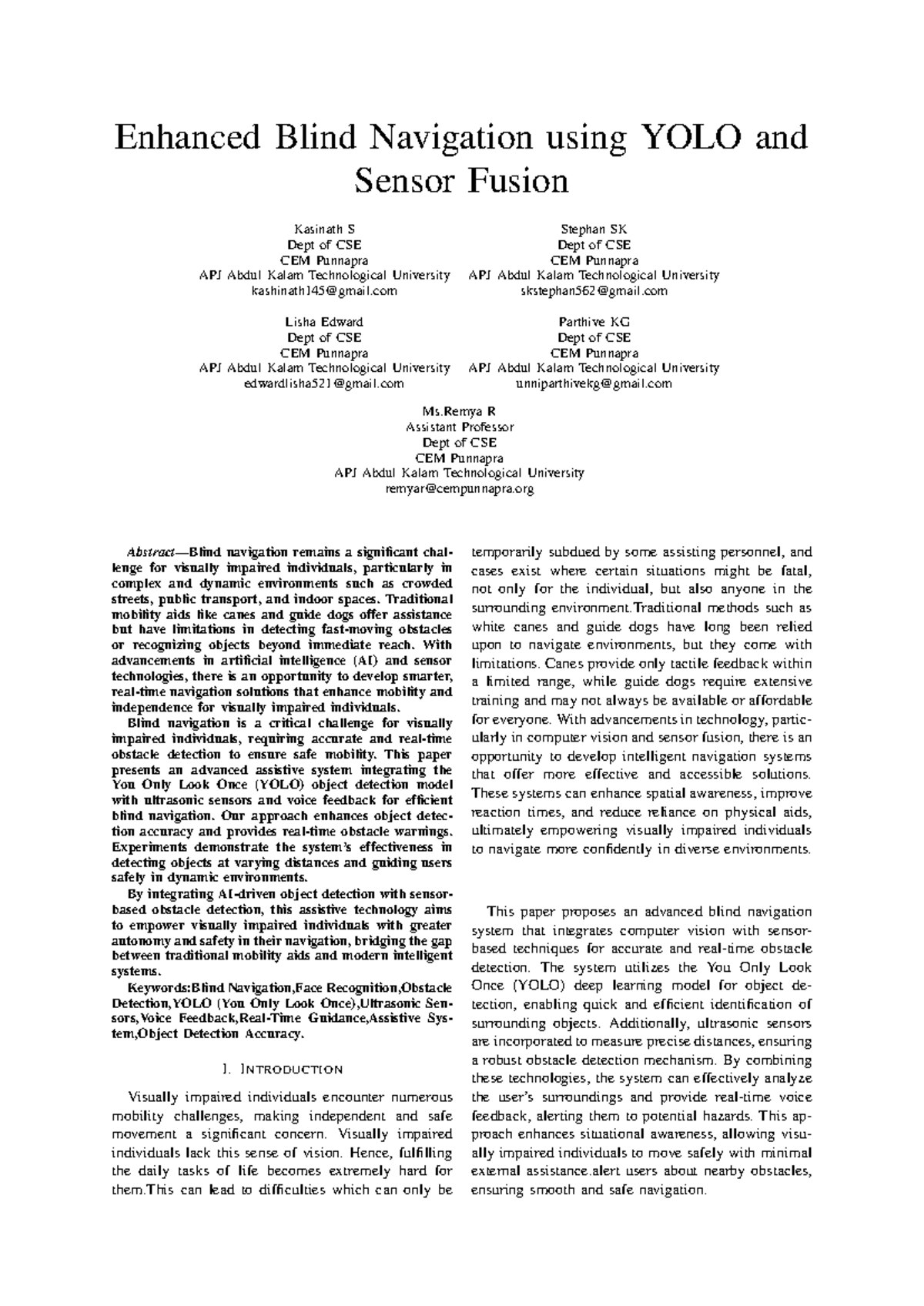Enhanced Blind Navigation System: YOLO & Sensor Fusion (CSE 251128 ...