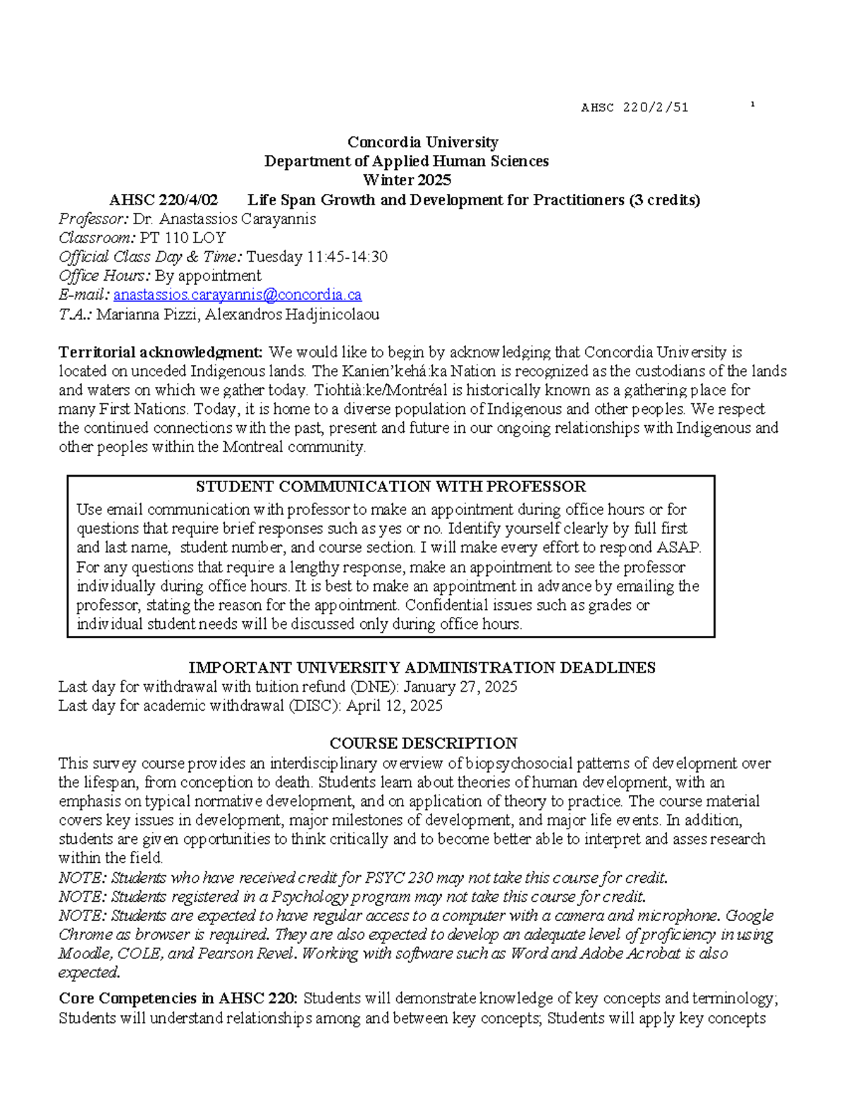 AHSC 220 Winter 2025 Course Outline: Life Span Growth & Development ...