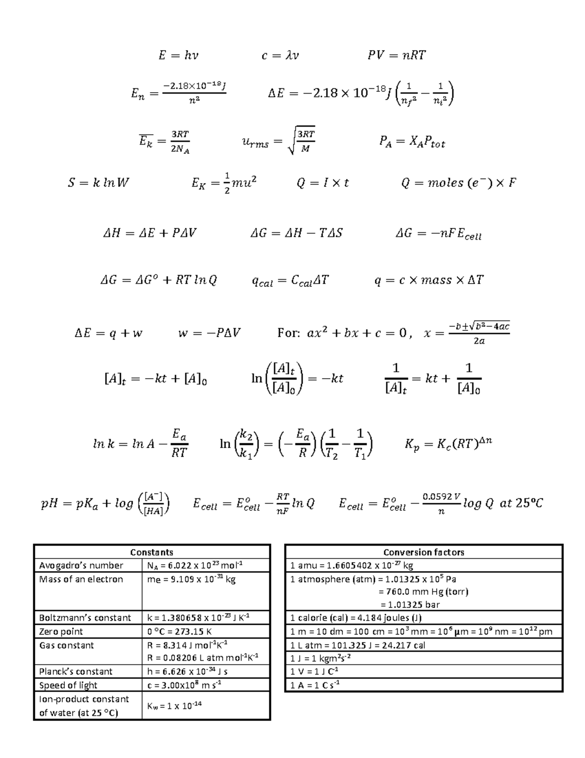 CHM135 Final Exam Equation Sheet - Essential Formulas and Constants - Studocu