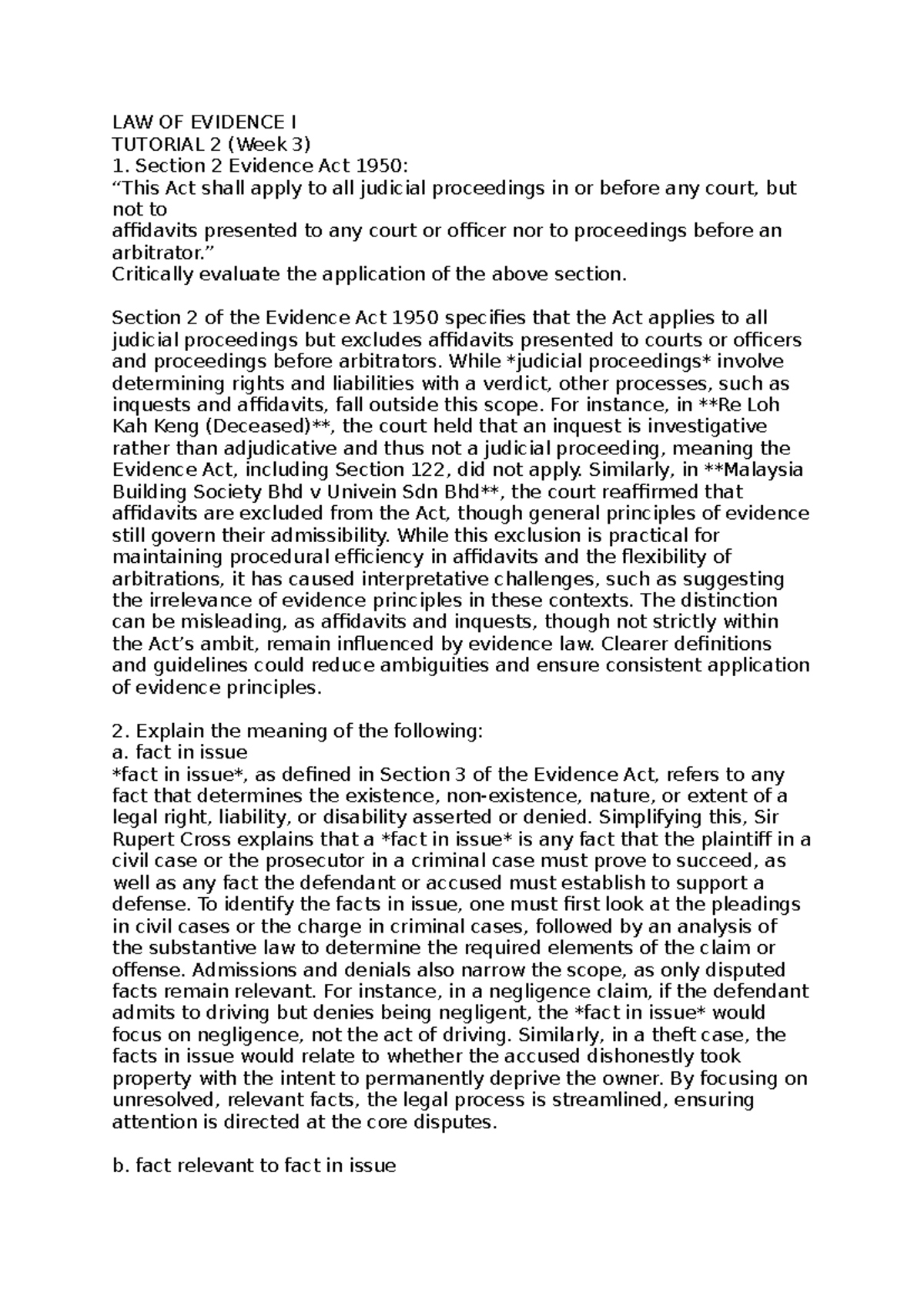 LAW OF EVIDENCE I TUTORIAL 2 (Week 3) Analysis and Key Concepts - Studocu
