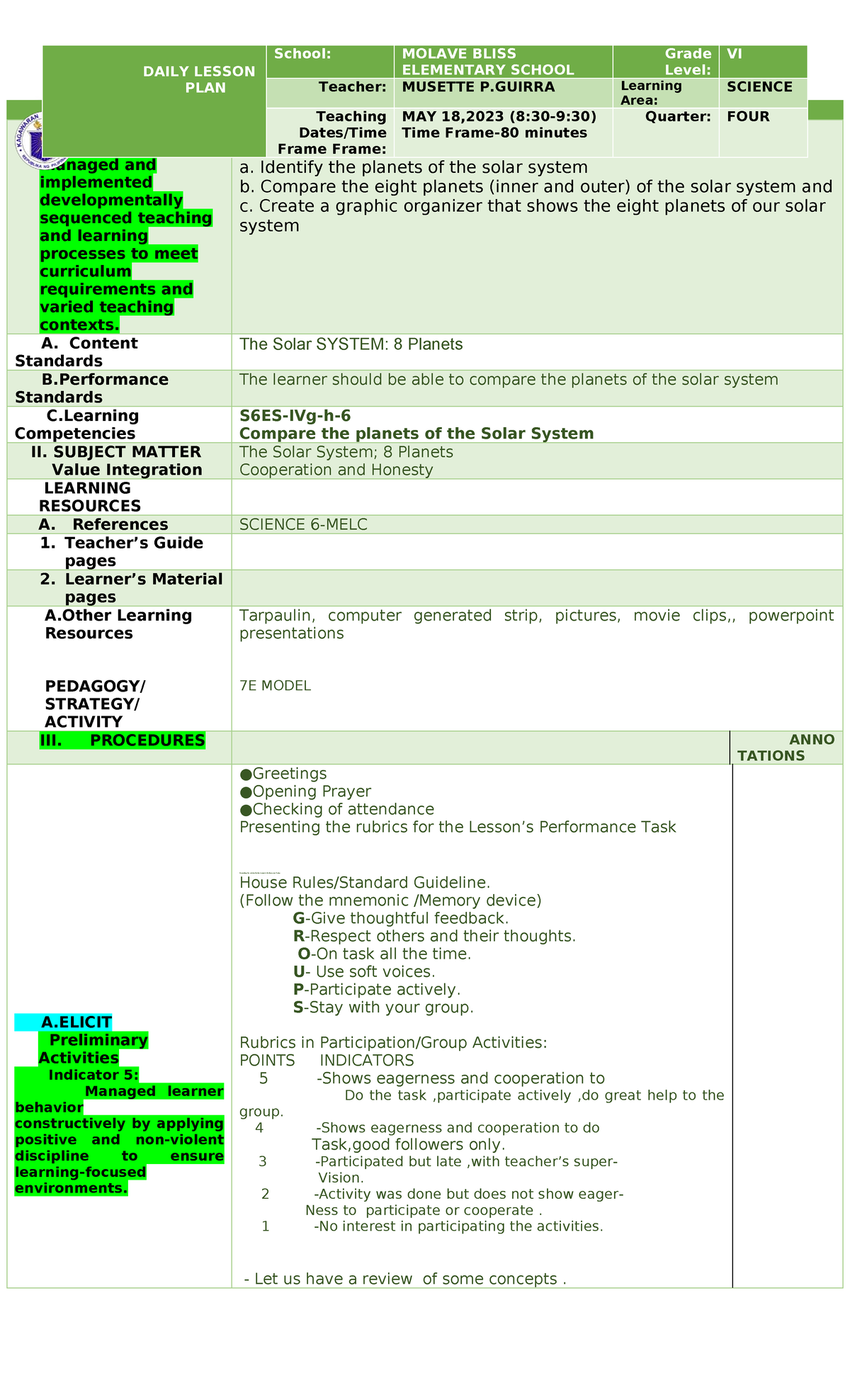 Lesson Plan: Comparing the 8 Planets of the Solar System (Grade 4 ...