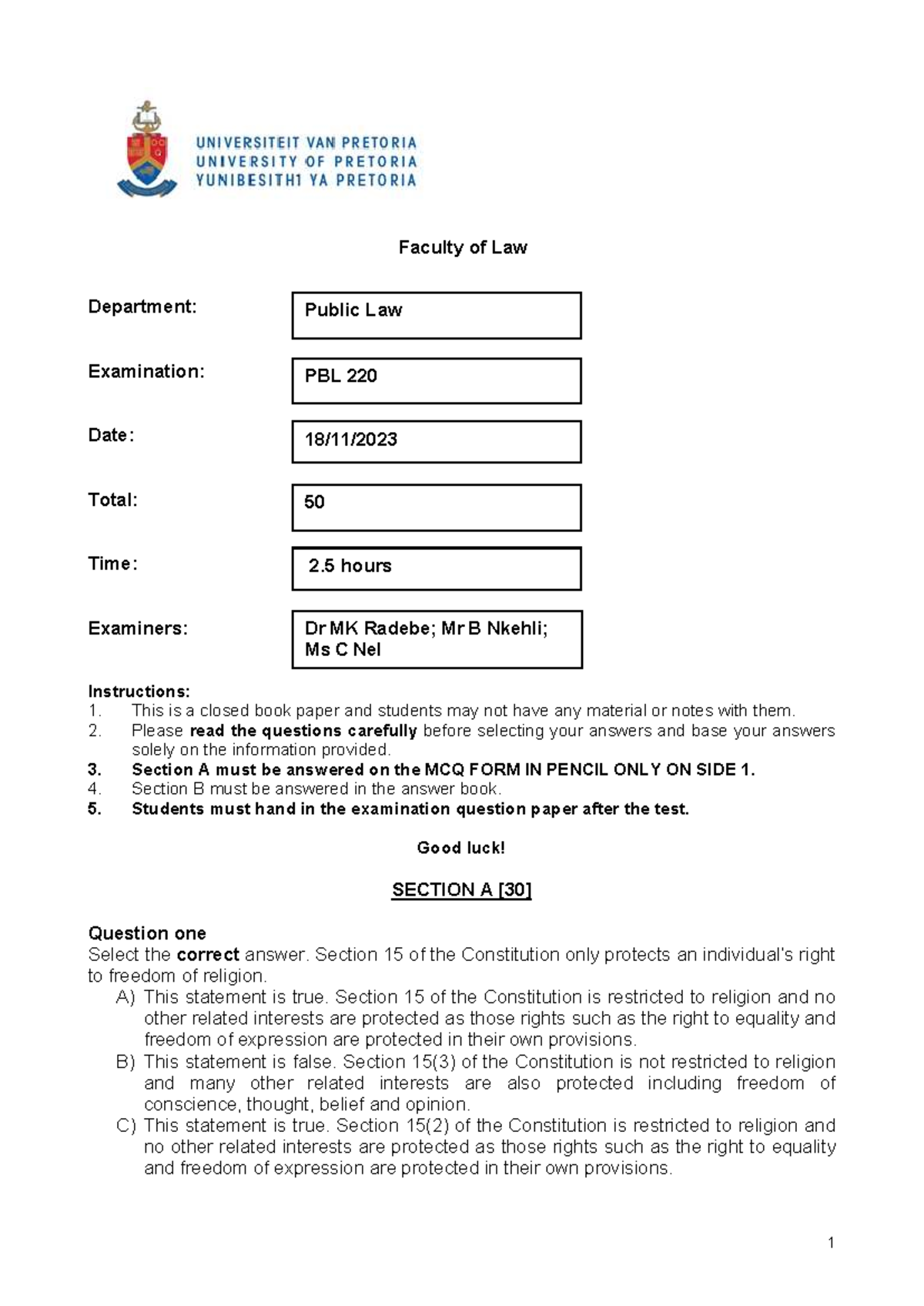 PBL 220 Public Law Examination Past Paper - November 2023 - Studocu