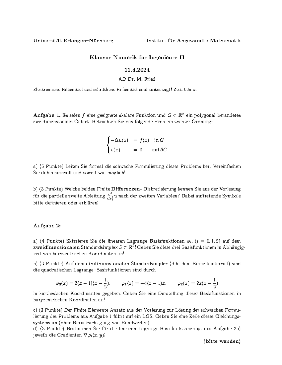 Institut Angewandte Mathematik Klausur Numerik Ingenieure II - Alte ...