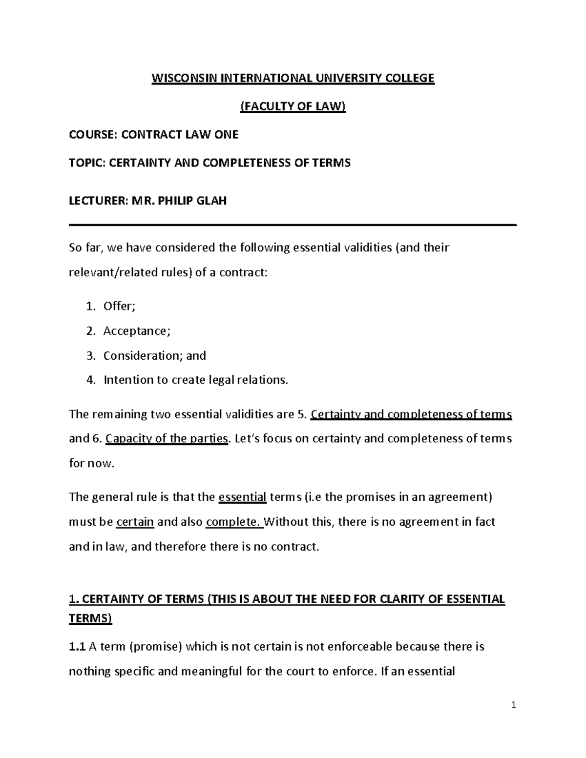 WISCONSIN INTERNATIONAL UNIVERSITY COLLEGE: CONTRACT LAW I - CERTAINTY ...
