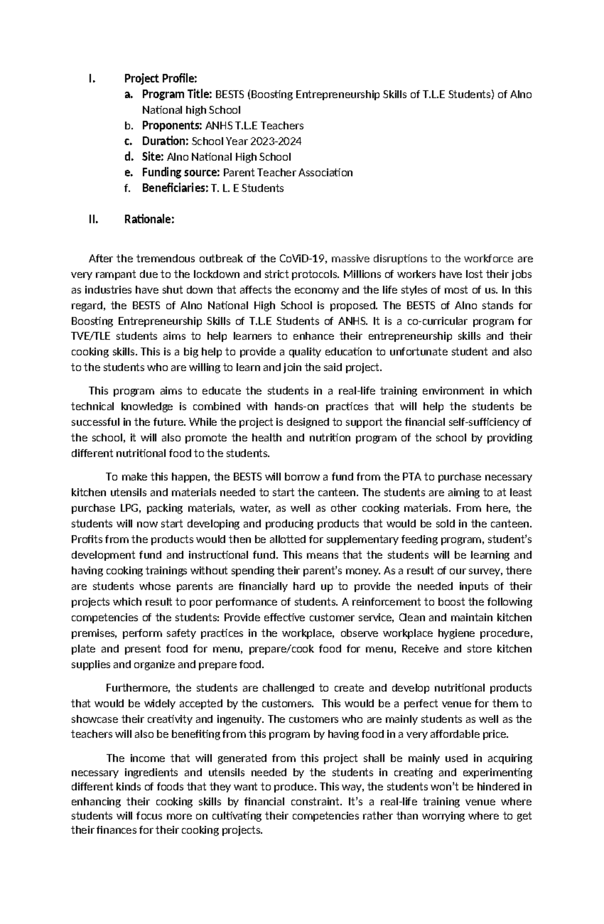 Project proposal - I. Project Profile: a. Program Title: BESTS ...