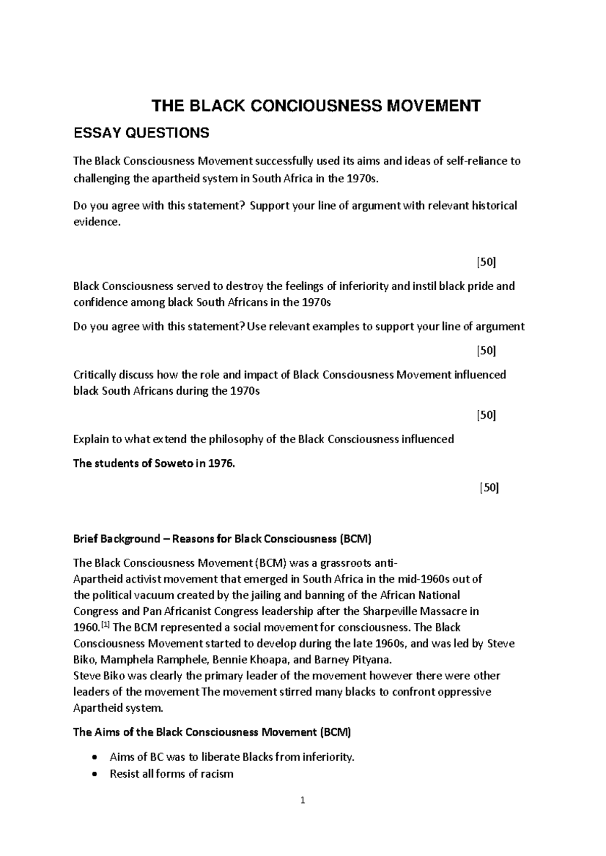 Revised Essay on the Black Consciousness Movement - BCM-1 - Studocu