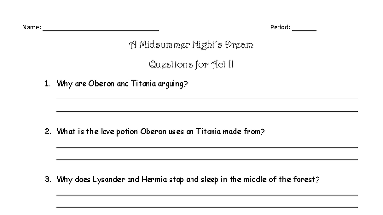 Act II Questions - A Midsummer Night's Dream (ENG 101) - Studocu