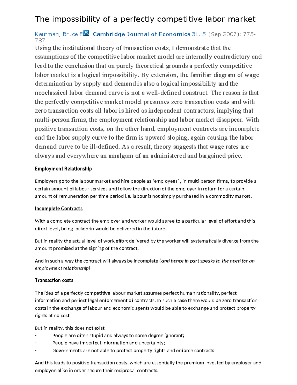 Understanding the Impossibility of a Perfectly Competitive Labor Market ...