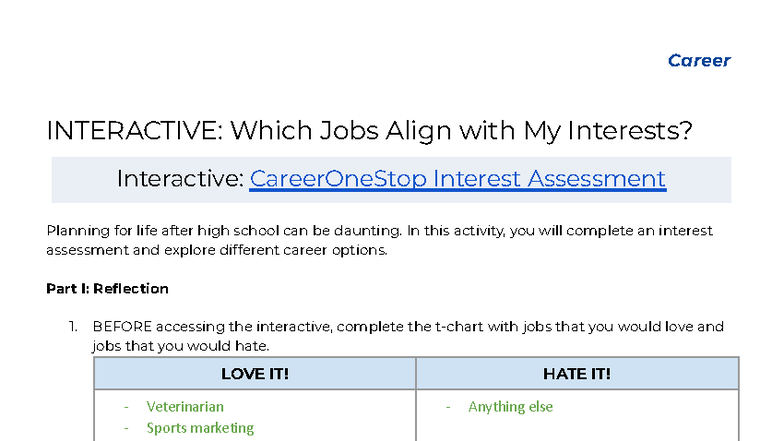 Career INTERACTIVE: Exploring Jobs That Match My Interests - Studocu