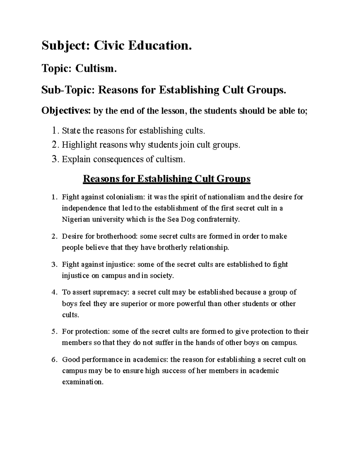 Cultism 2 - Subject: Civic Education. Topic: Cultism. Sub-Topic ...