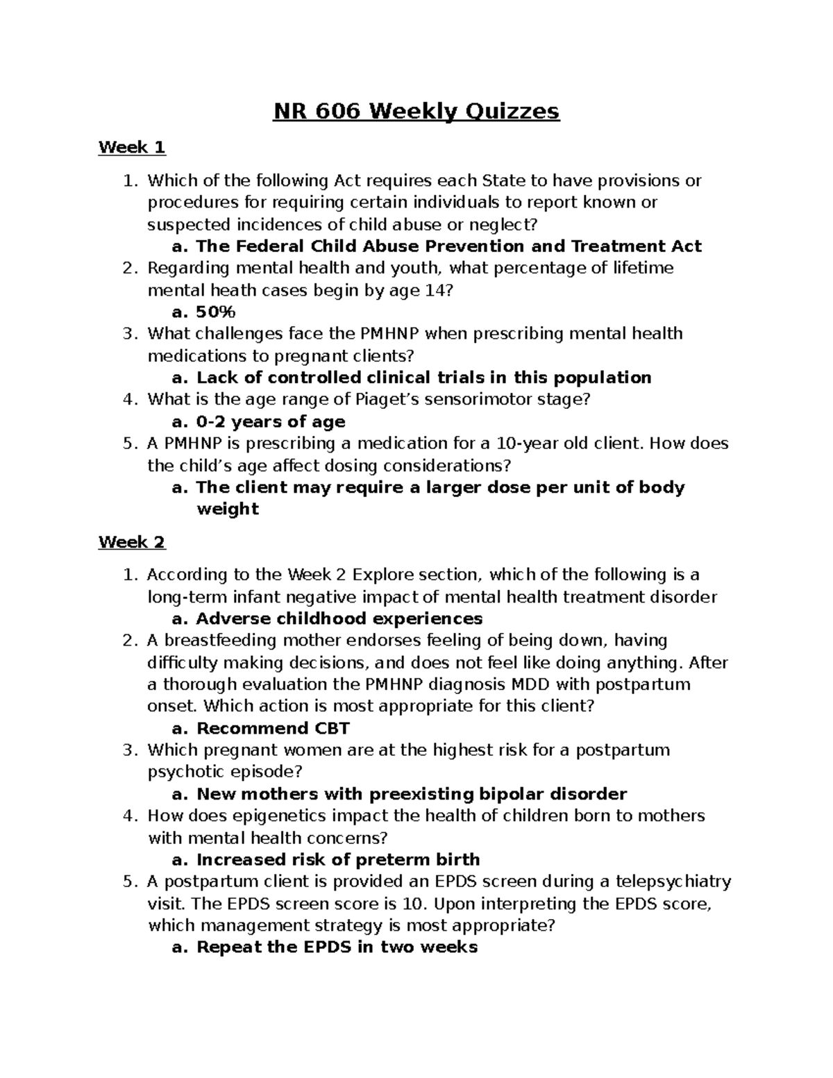 NR 606 Weekly Quizzes: Weeks 1-6 Overview and Key Concepts - Studocu