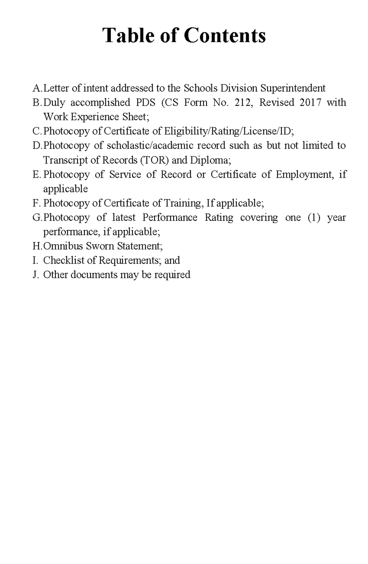 Table OF Contents Senior HIGH - Table of Contents A of intent addressed ...