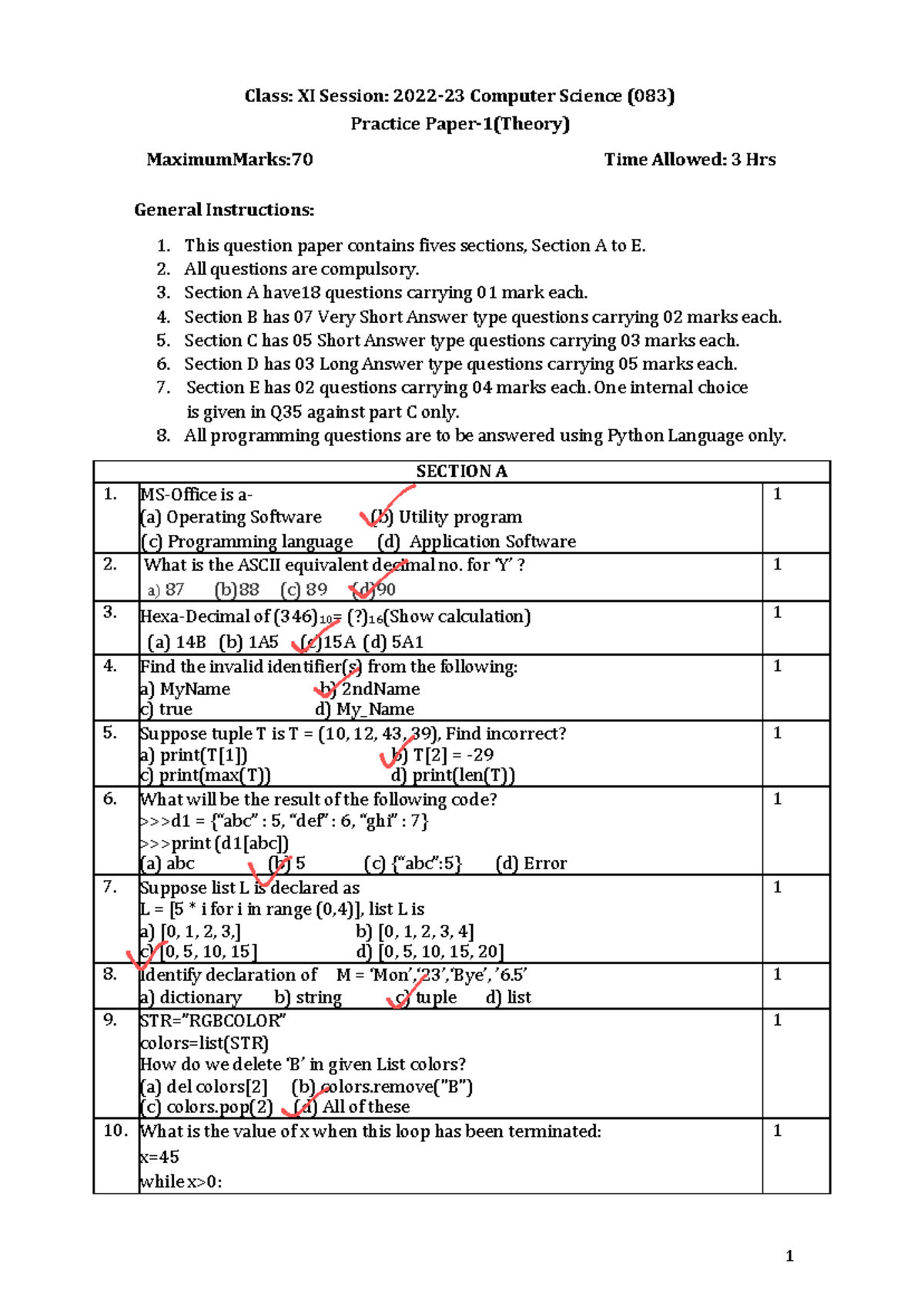 Class XI Computer Science (083) Practice Paper 1 & 2 Solutions 2022-23 ...
