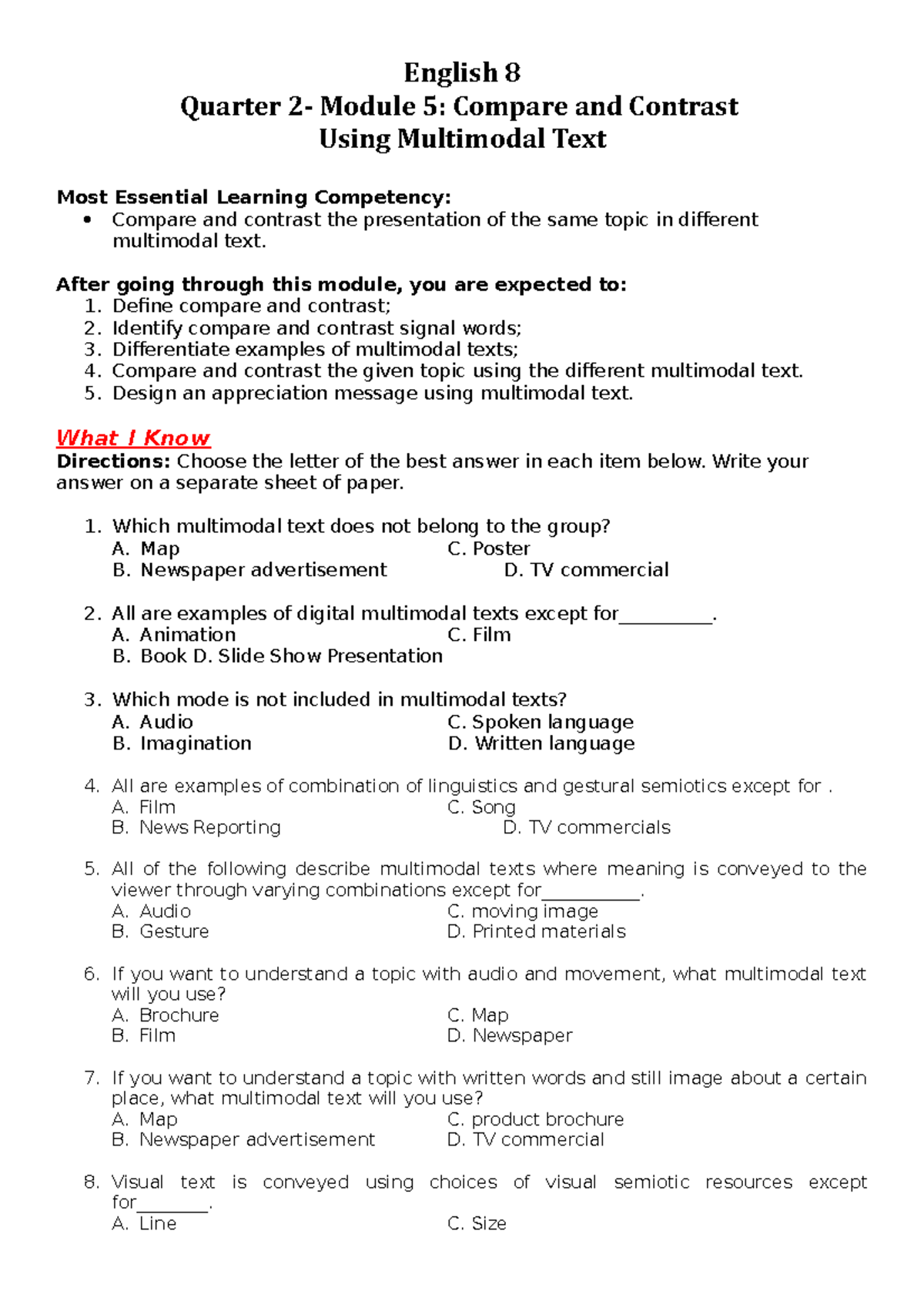 English 8 Module 5 - English 8 Quarter 2- Module 5: Compare and ...