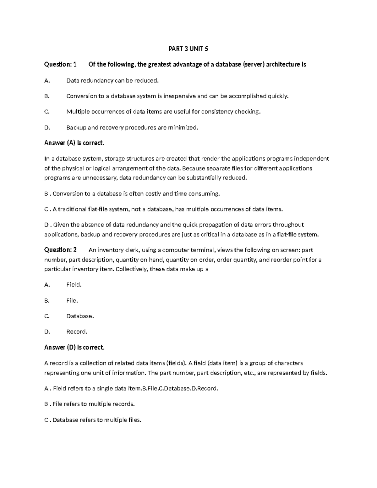 Part 3 Unit 5 Database Concepts Quiz Answers - CS101 - Studocu